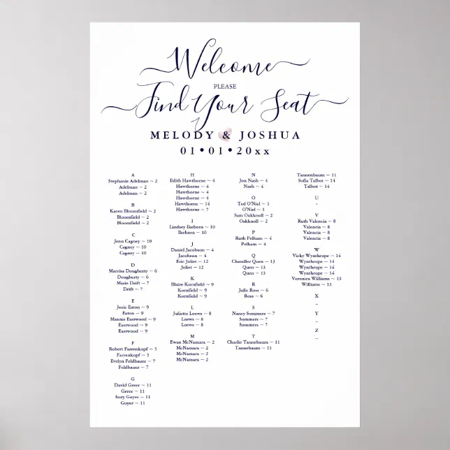 NAVY BLUE SEATING CHART, ALPHABETICAL POSTER | Zazzle