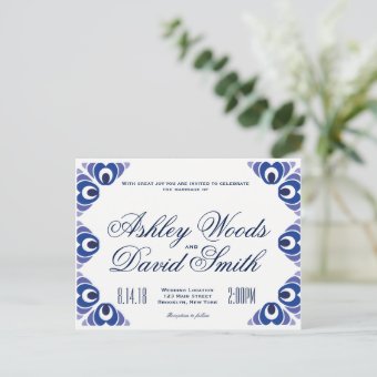 Navy Blue Side Border Wedding Invitation Postcard | Zazzle