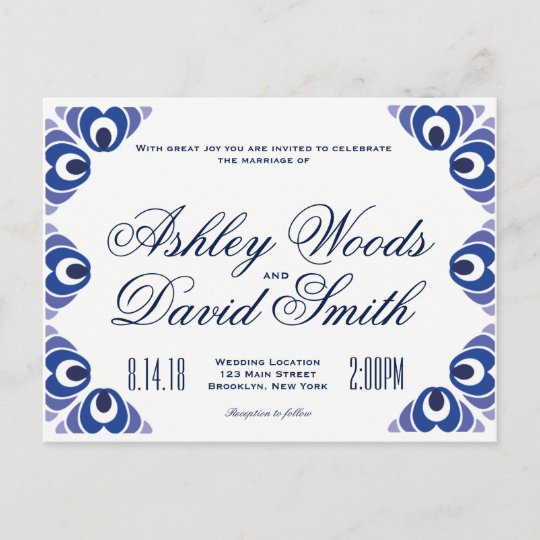 Navy Blue Side Border Wedding Invitation Postcard | Zazzle.com