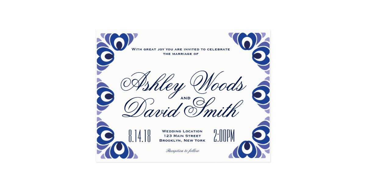 Navy Blue Side Border Wedding Invitation Postcard | Zazzle.com