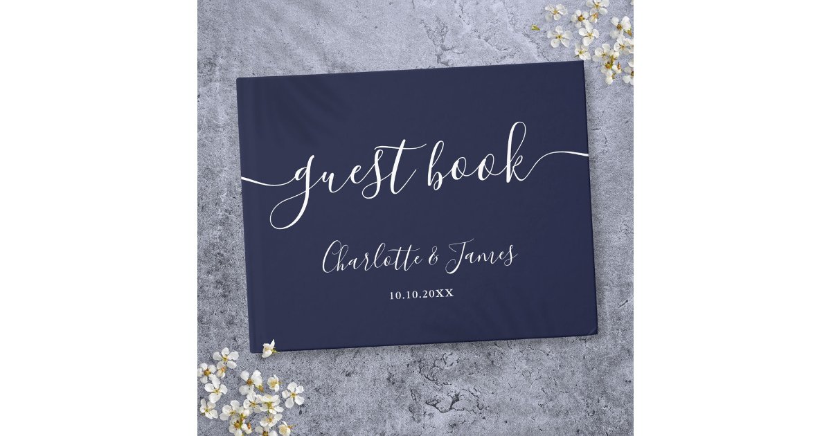 Navy Blue Signature Script Wedding Guest Book | Zazzle