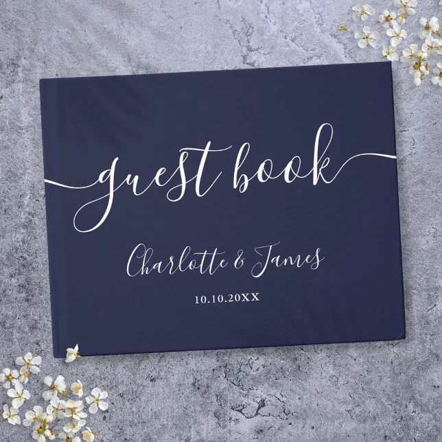 Navy Blue Signature Script Wedding Guest Book | Zazzle