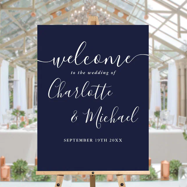Navy Blue Signature Script Wedding Welcome Sign | Zazzle