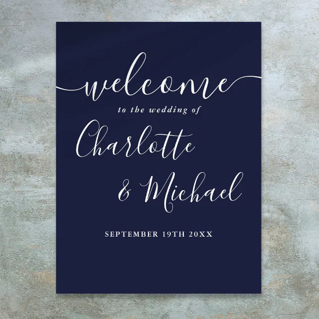 Navy Blue Signature Script Wedding Welcome Sign | Zazzle