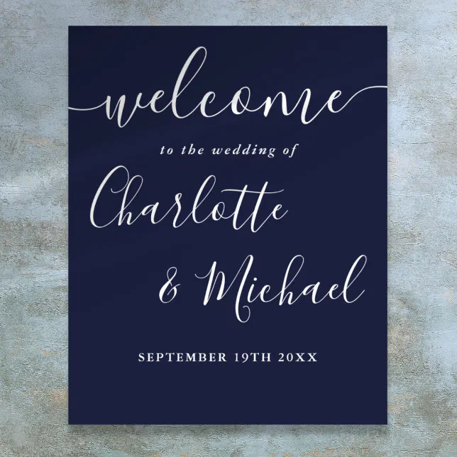 Navy Blue Signature Script Wedding Welcome Sign | Zazzle