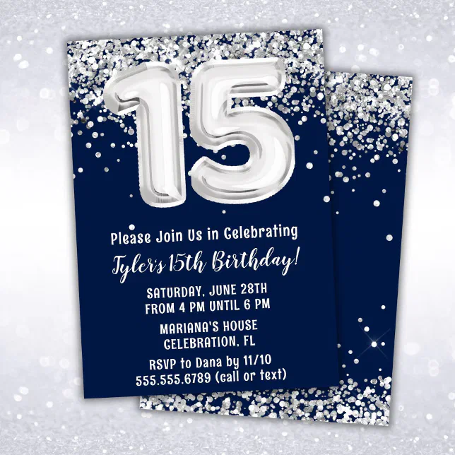 Navy Blue Silver 15th Birthday Party Invitation | Zazzle