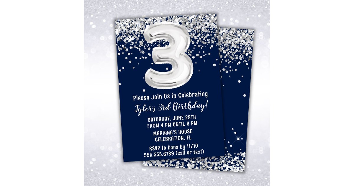 Navy Blue Silver 3rd Birthday Party Invitation | Zazzle