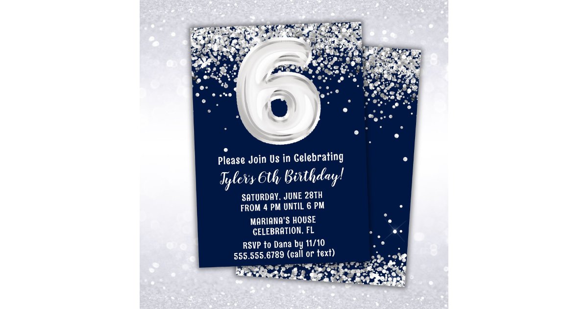 Navy Blue Silver 6th Birthday Party Invitation | Zazzle