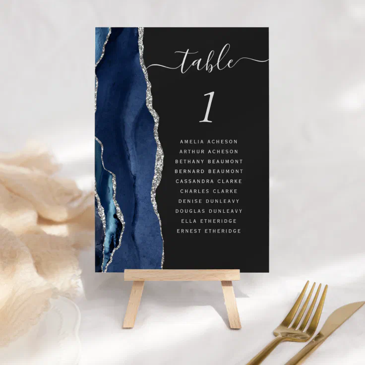 Navy Blue Silver Agate Dark Wedding Table Number | Zazzle