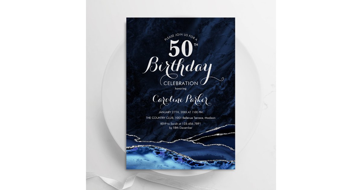 Navy Blue Silver Agate Marble 50th Birthday Invitation | Zazzle