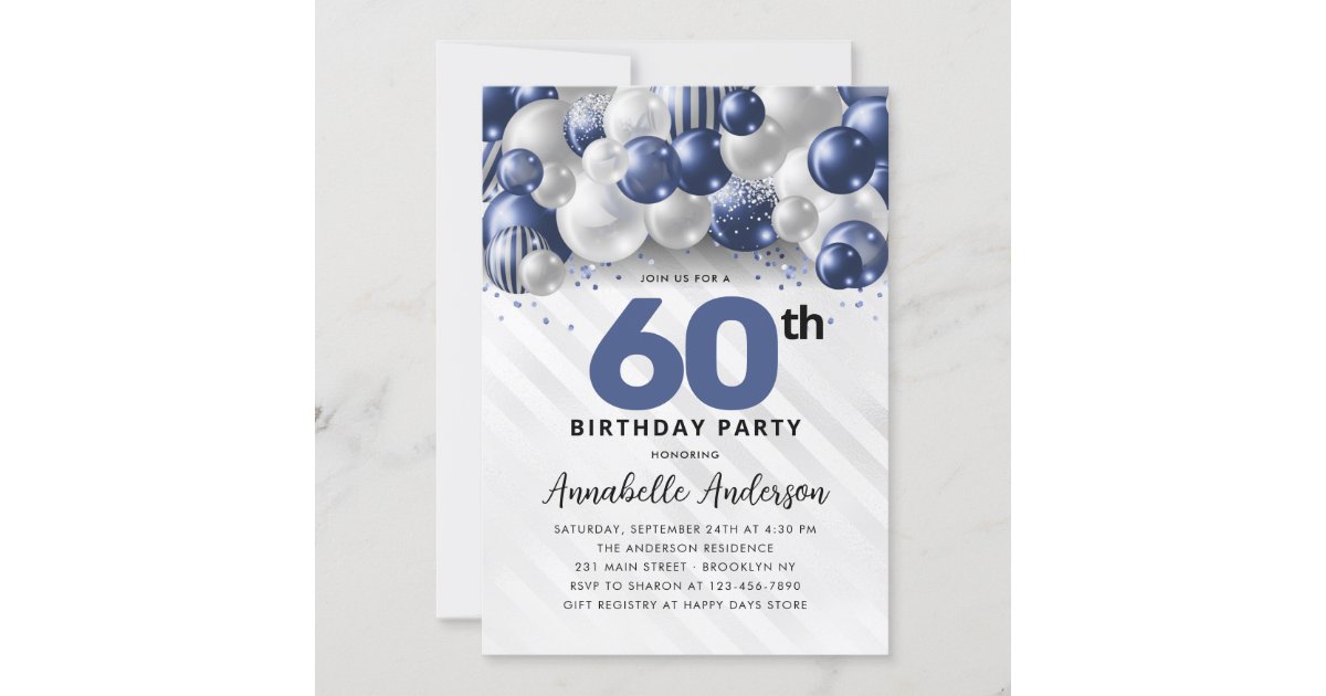 Navy Blue Silver Balloon Glitter 60th Birthday Invitation | Zazzle