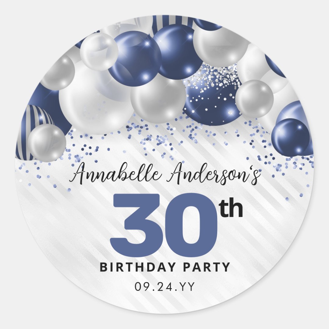 Navy Blue Silver Balloon Glitter Favor Birthday Classic Round Sticker ...