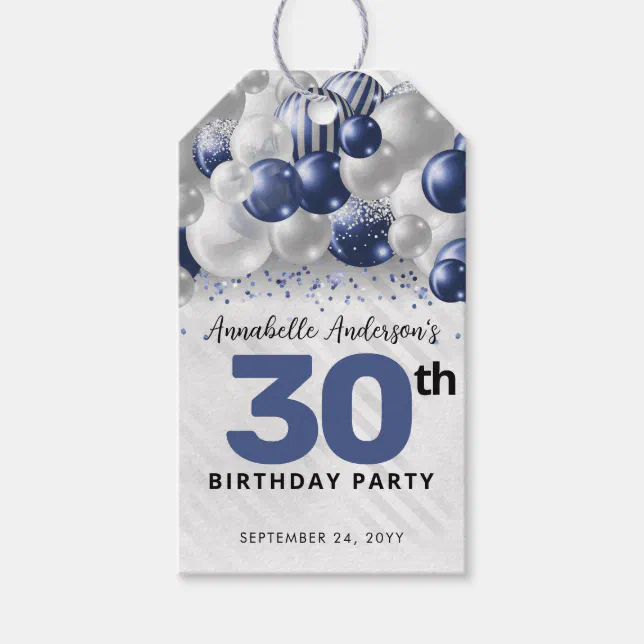 Navy Blue Silver Balloon Glitter Favor Birthday Gift Tags | Zazzle