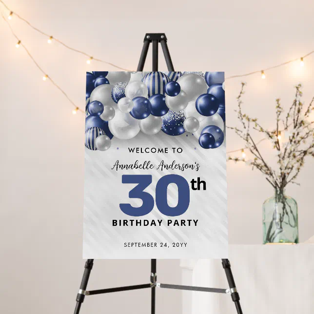 Navy Blue Silver Balloon Glitter Welcome Birthday Foam Board | Zazzle