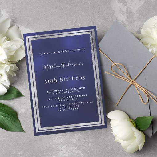 Navy blue silver birthday invitation | Zazzle
