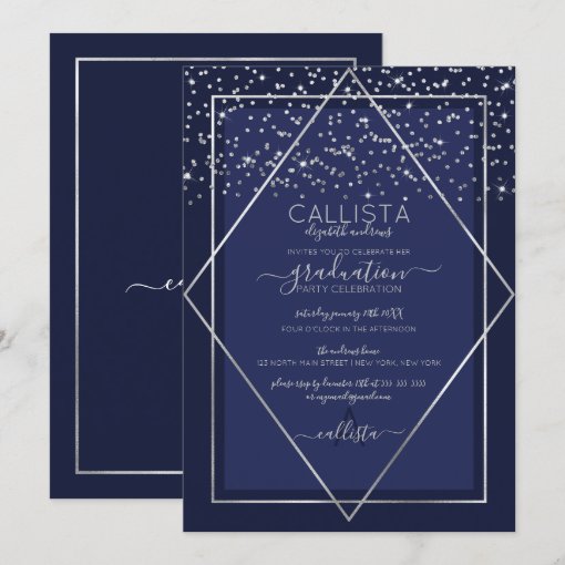 Navy Blue Silver Confetti Border Graduation Invitation | Zazzle