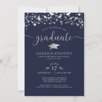 Navy Blue Silver Confetti Stars Graduation Party Invitation | Zazzle