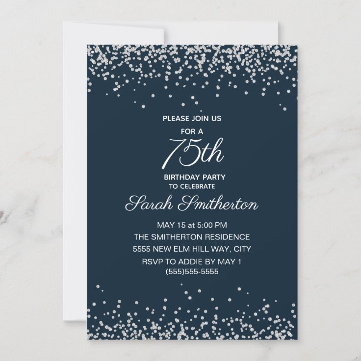 Navy Blue Silver Diamond Glitter 75th Birthday Invitation | Zazzle