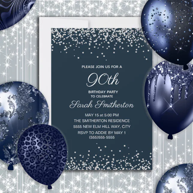 Navy Blue Silver Diamond Glitter 90th Birthday Invitation | Zazzle