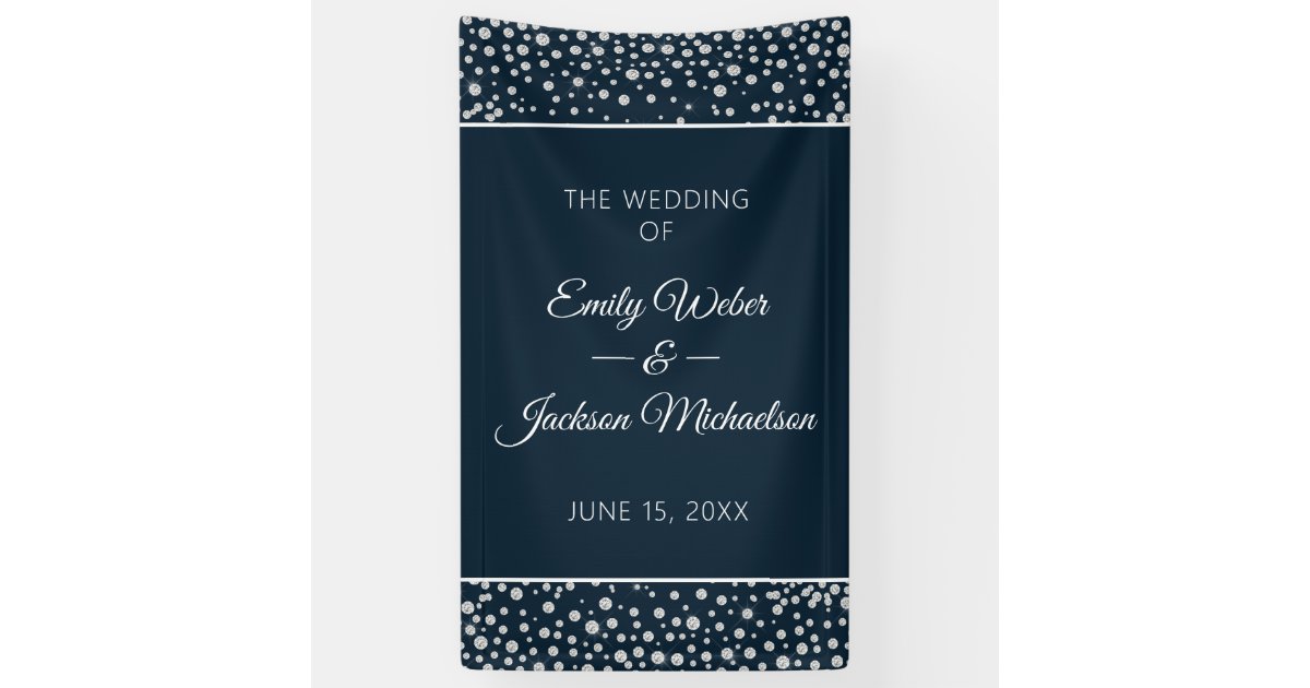 Navy Blue Silver Diamond Glitter Wedding Banner | Zazzle