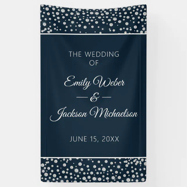 Navy Blue Silver Diamond Glitter Wedding Banner | Zazzle