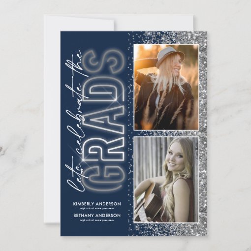 Navy Blue Silver Double Graduation Party Invitation | Zazzle