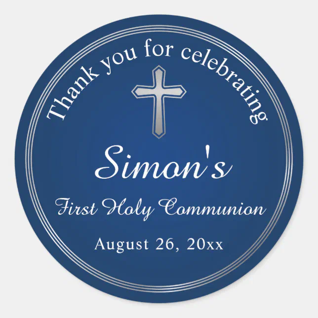 Navy Blue Silver First Holy Communion Classic Round Sticker | Zazzle