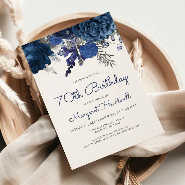 Navy Blue Silver Floral 70th Birthday Party Invitation | Zazzle