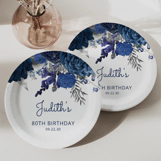 Navy Blue Silver Floral 80th Birthday Party Paper Plates | Zazzle