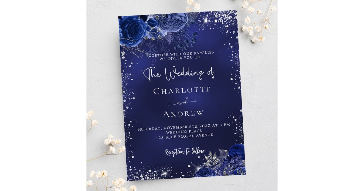 Navy blue silver flowers script wedding invitation postcard | Zazzle