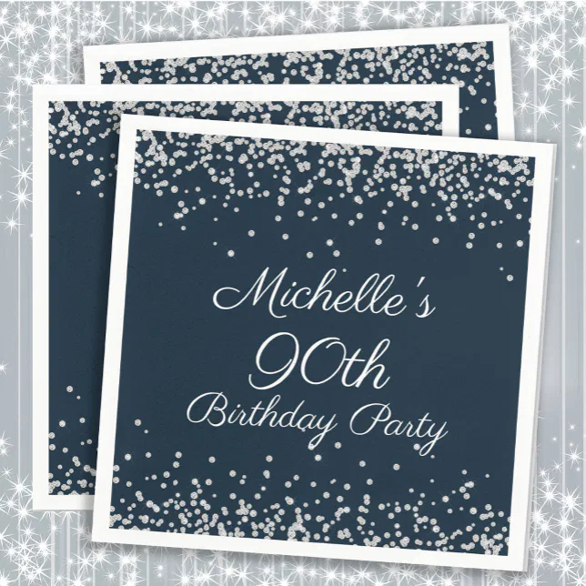 Navy Blue Silver Glitter 90th Birthday Party Napkins | Zazzle