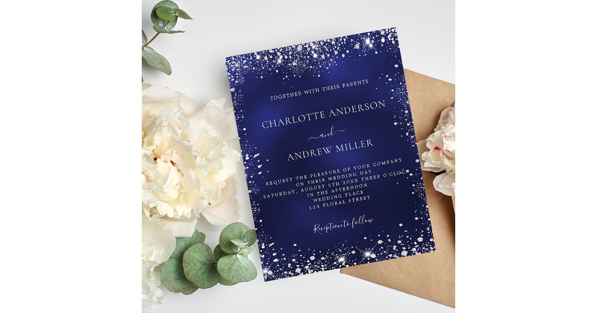 Navy blue silver glitter budget wedding invitation | Zazzle