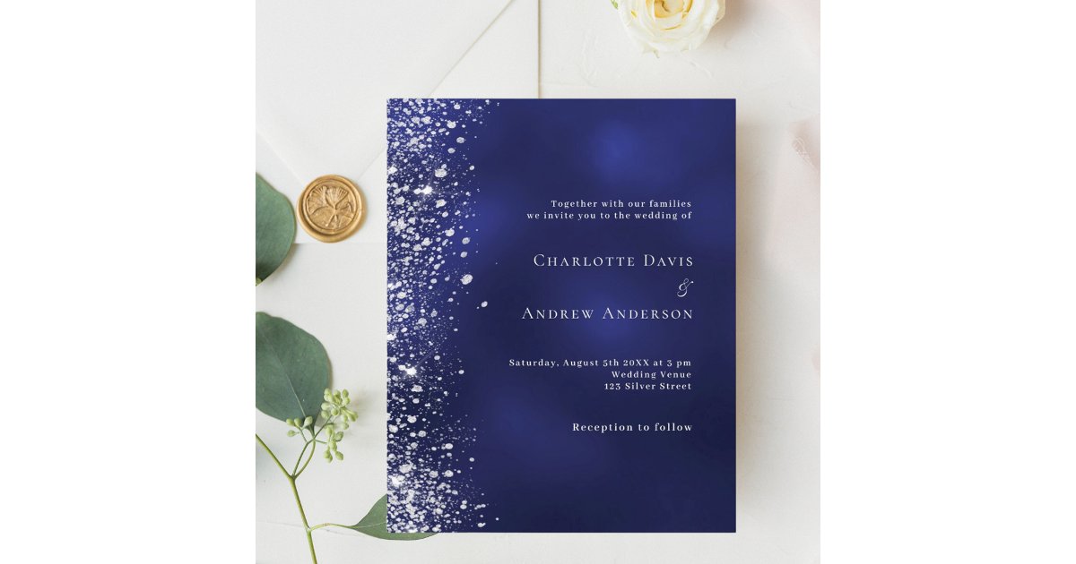 Navy blue silver glitter budget wedding invitation | Zazzle