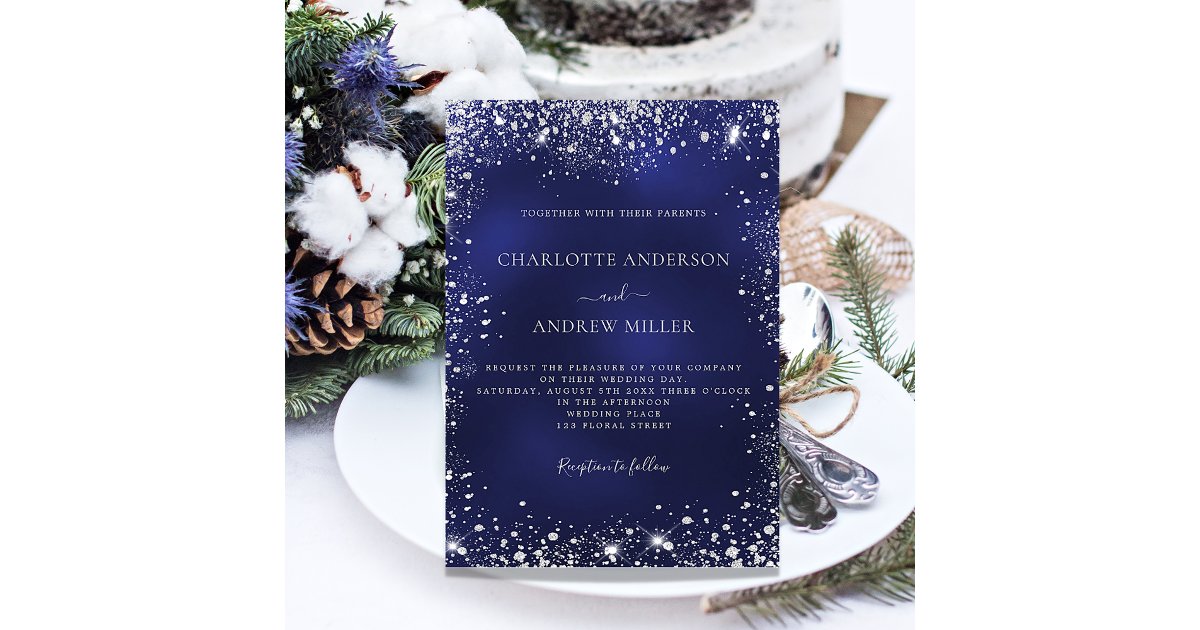 Navy blue silver glitter elegant wedding invitation | Zazzle