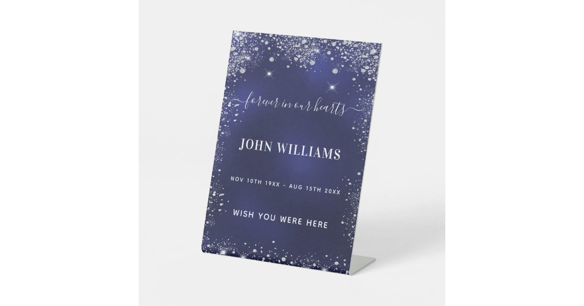 Navy blue silver glitter memorial pedestal sign | Zazzle