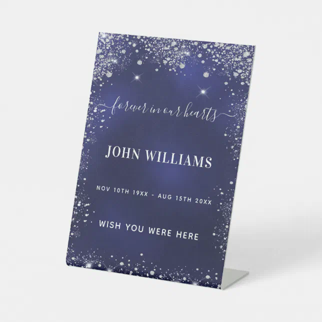 Navy blue silver glitter memorial pedestal sign | Zazzle