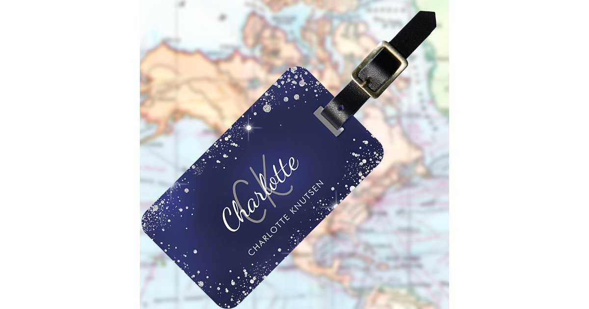 Navy blue silver glitter monogram name luggage tag | Zazzle