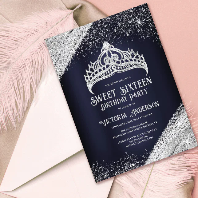 Navy Blue Silver Glitter Princess Tiara Sweet 16 I Invitation | Zazzle