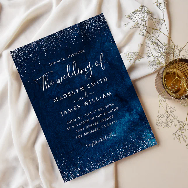 Navy Blue Silver Glitter Starry Night Wedding Invitation | Zazzle