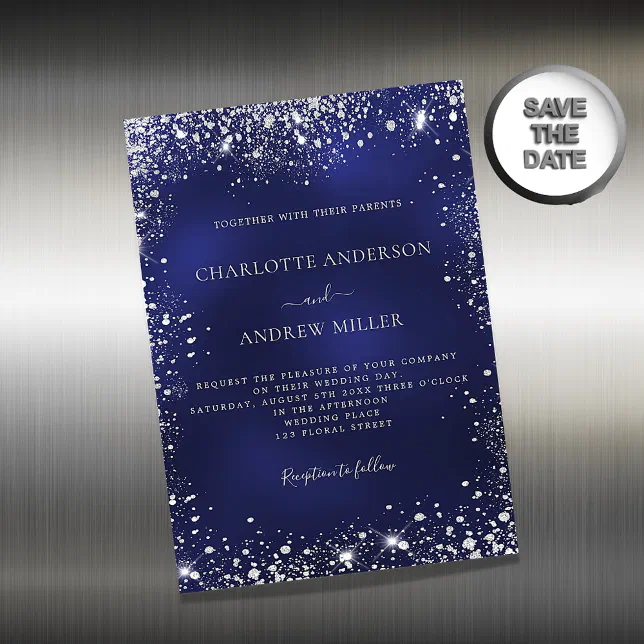 Navy blue silver glitter wedding invitation magnet | Zazzle