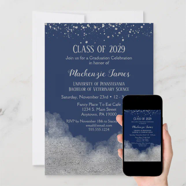 Navy Blue Silver Graduation Party Invitation | Zazzle
