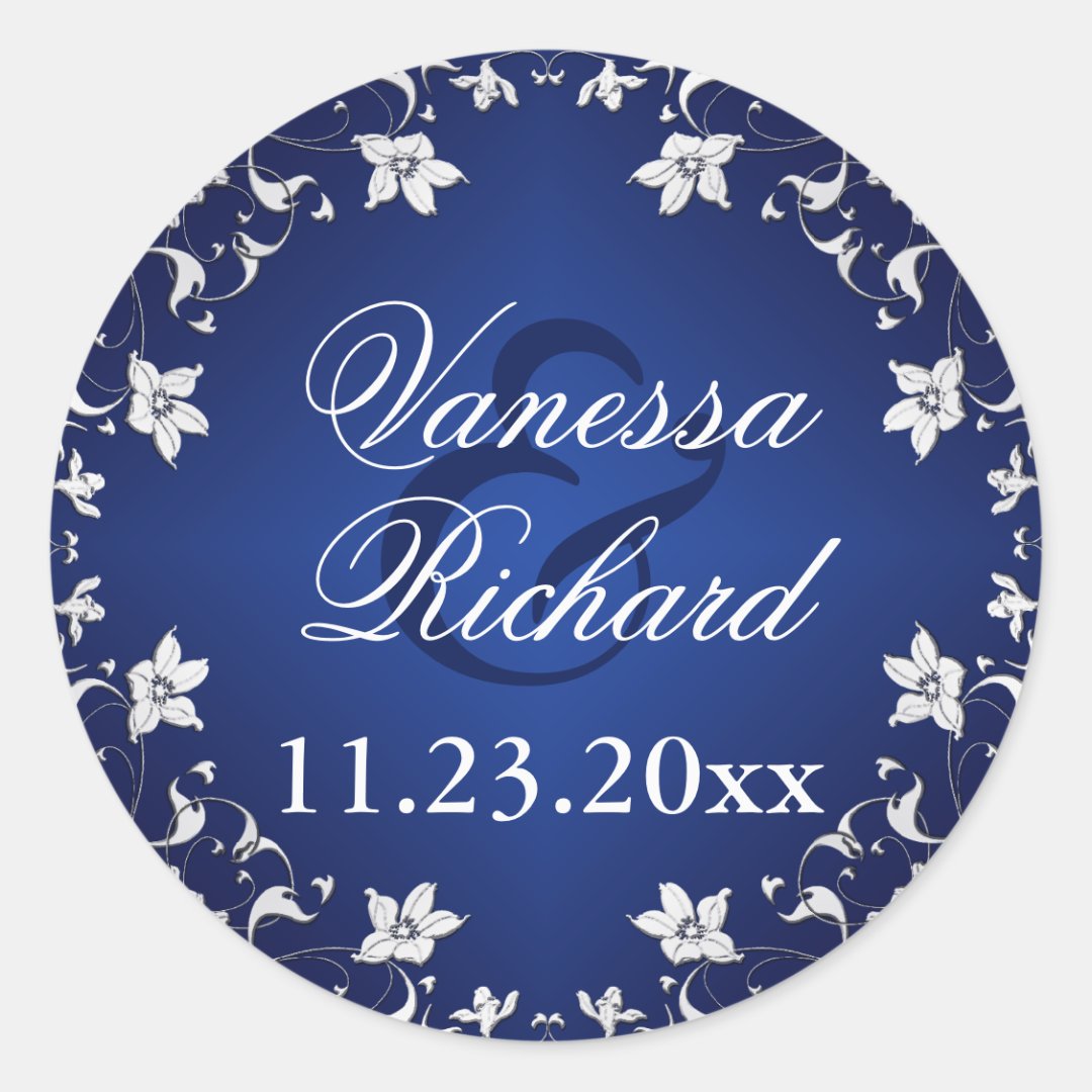 Navy Blue, Silver Gray Floral Wedding Sticker | Zazzle