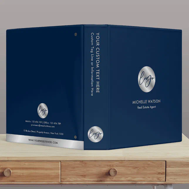 Navy Blue & Silver Logo Business Promotional 3 Ring Binder | Zazzle