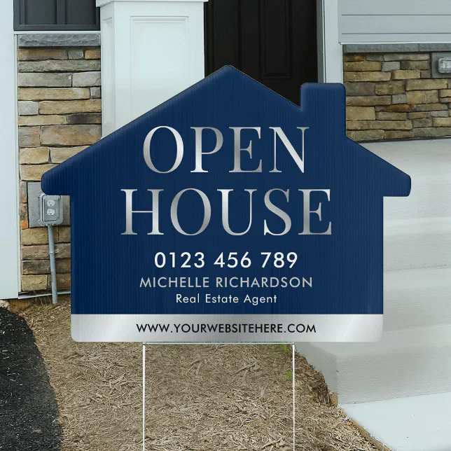 Navy Blue & Silver Open House Property Sale Yard Sign | Zazzle