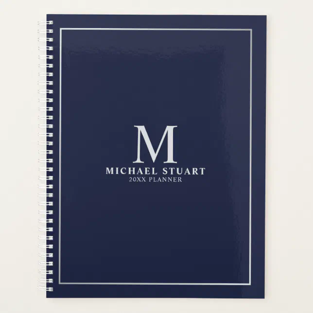 Navy Blue Silver Personalized Monogram and Name Planner | Zazzle
