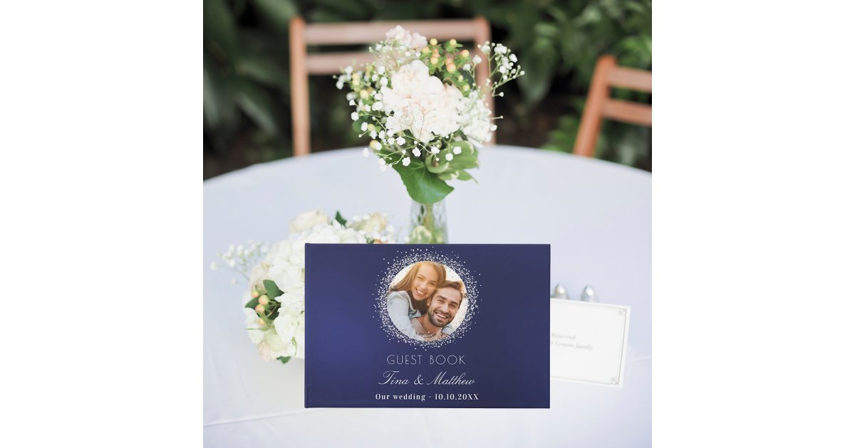 Navy blue silver photo sparkles wedding guest book | Zazzle