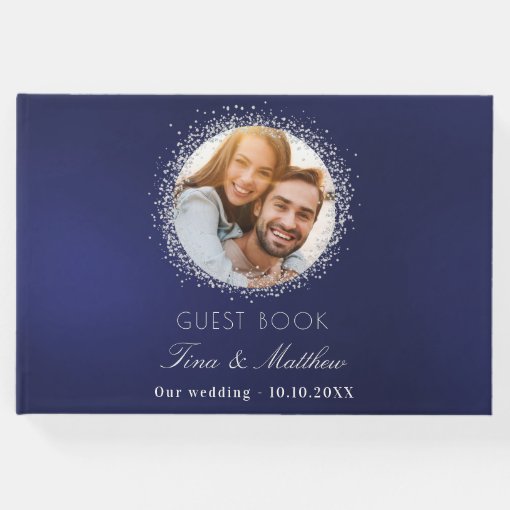 Navy blue silver photo sparkles wedding guest book | Zazzle