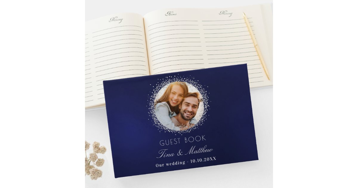 Navy blue silver photo sparkles wedding guest book | Zazzle