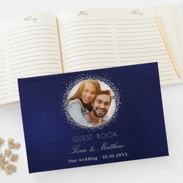 Navy blue silver photo sparkles wedding guest book | Zazzle
