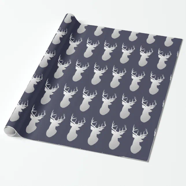 Navy Blue Silver Reindeers Christmas Pattern Wrapping Paper | Zazzle